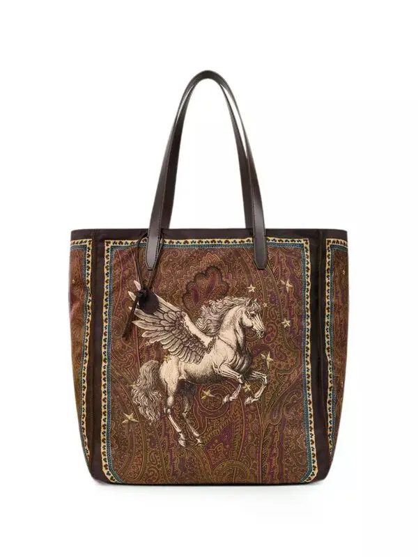 Etro Nylon Tote Bag With Pegaso And Paisley Print - Brown