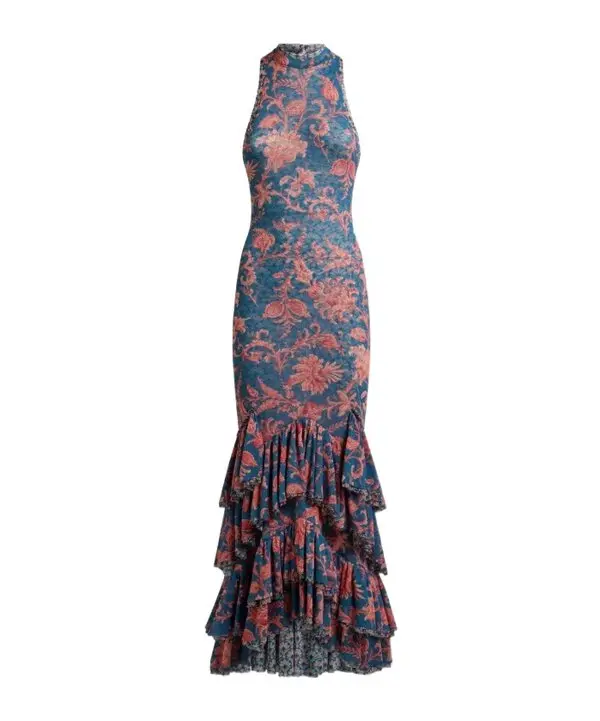 Etro Stretch Tulle Long Dress With Floral Motif - Blue