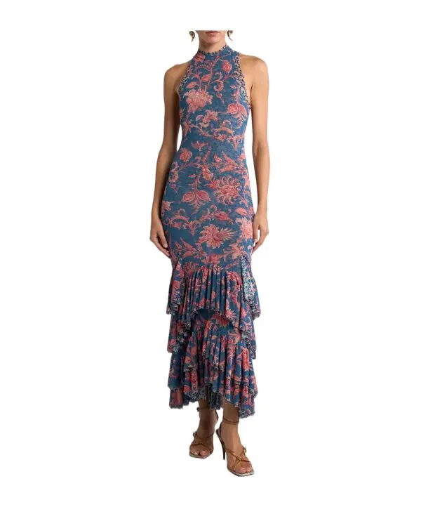 Etro Stretch Tulle Long Dress With Floral Motif