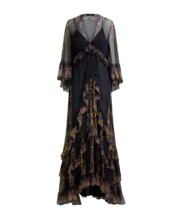 Etro Long Silk Dress With Placed Paisley Foliage Print - Black