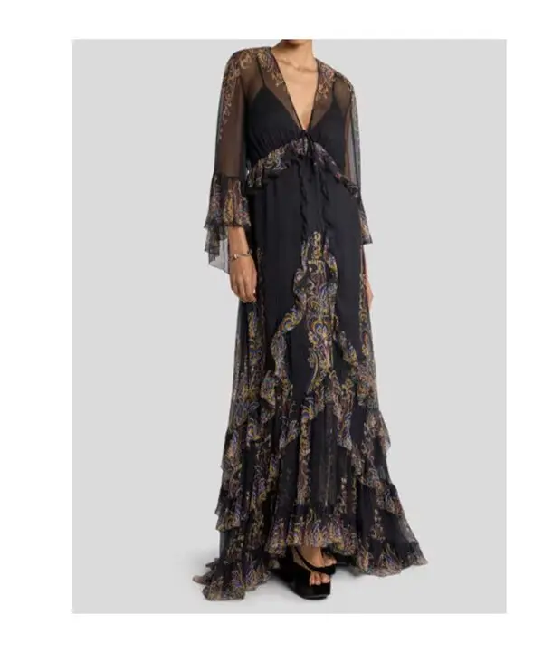 Etro Long Silk Dress With Placed Paisley Foliage Print