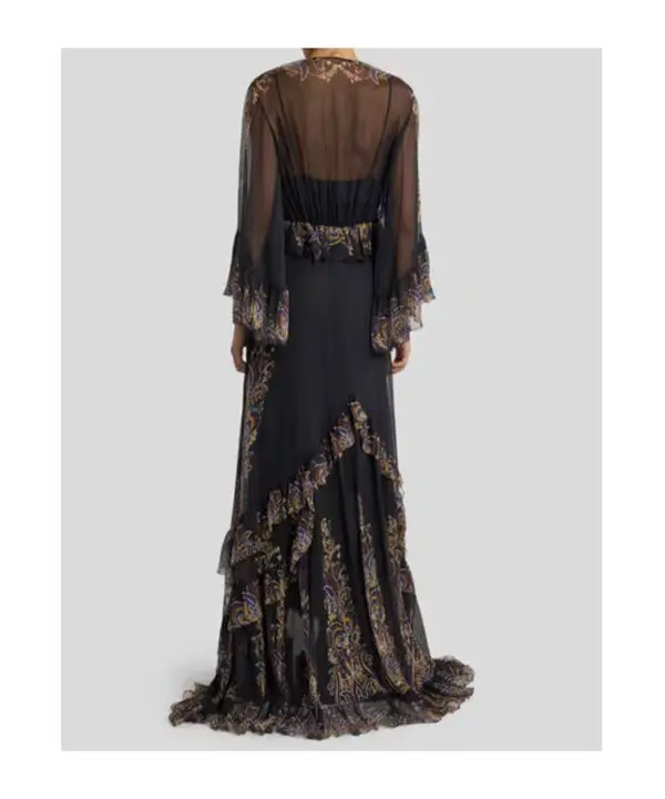 Etro Long Silk Dress With Placed Paisley Foliage Print