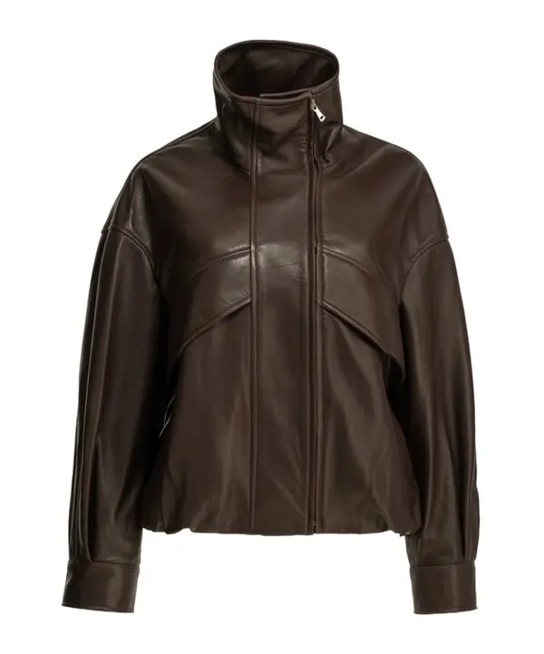 Nour Hammour High-neck Leather Jacket - Brown