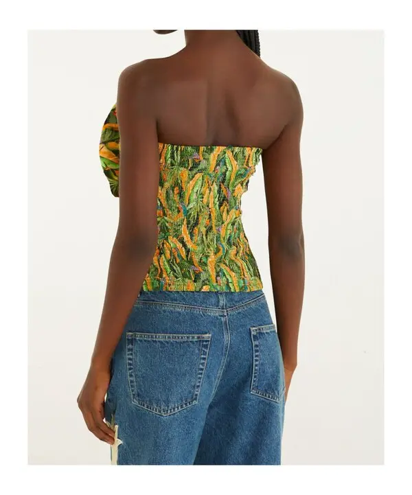 Farm Rio Parrot Pattern Smocked Ruffled Strapless Top - Green