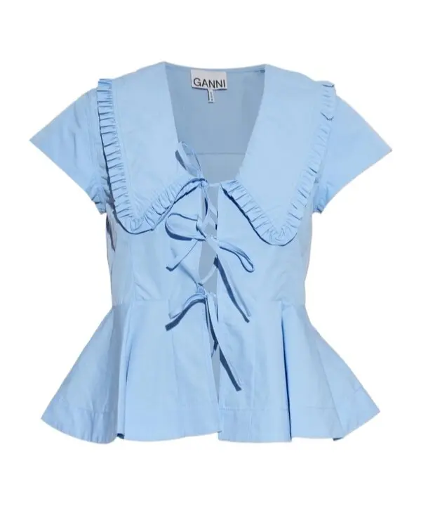 GANNI Cotton Poplin Blouse With Ruffled Collar - Blue