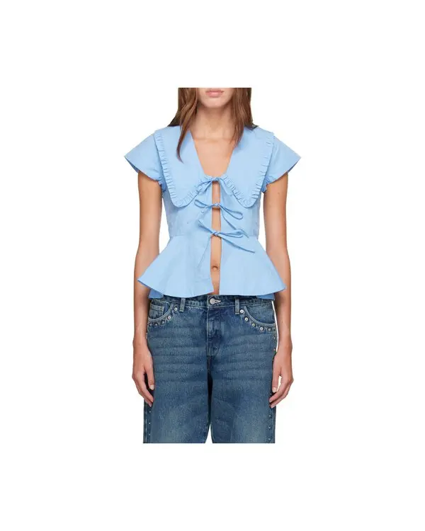 GANNI Cotton Poplin Blouse With Ruffled Collar - Blue