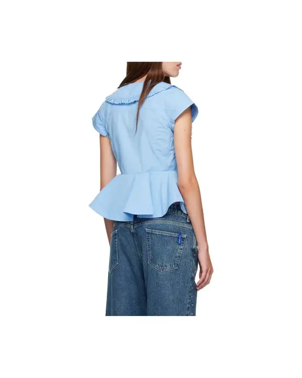 GANNI Cotton Poplin Blouse With Ruffled Collar - Blue