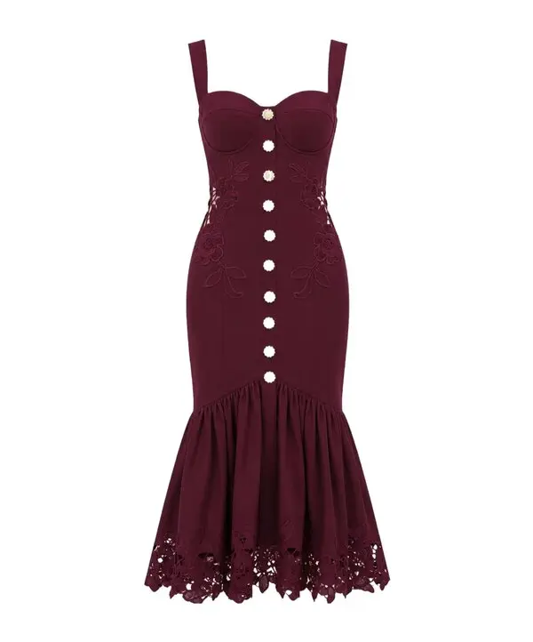 SELF-PORTRAIT Floral-lace Ruffled Midi Dress - Red