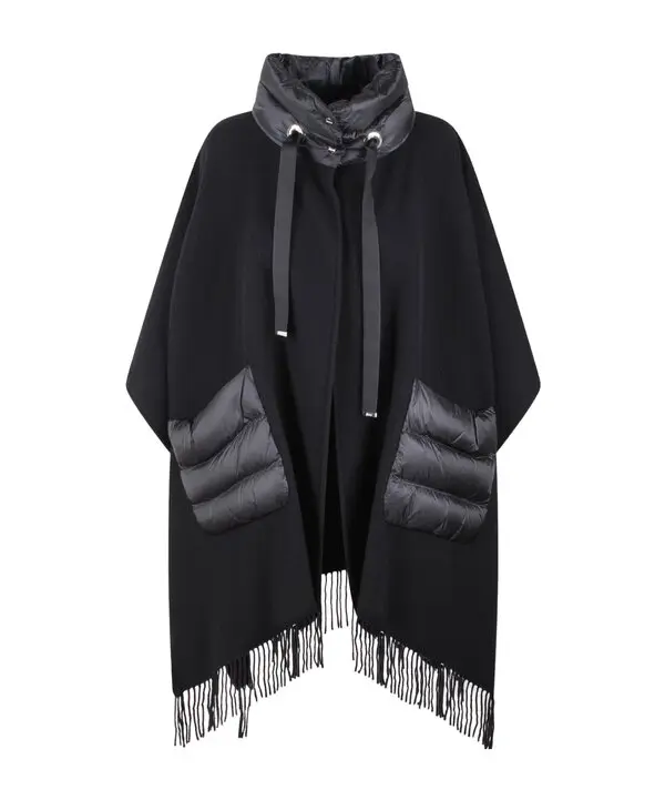 Herno High-neck Drawstring Poncho With Fringed Edges - Black
