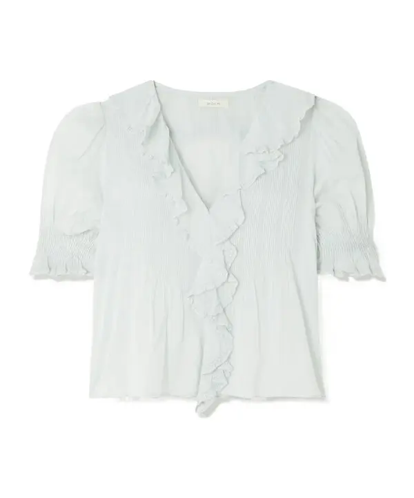 DÔEN Henri Ruffled Organic Cotton Tulle Blouse - Blue