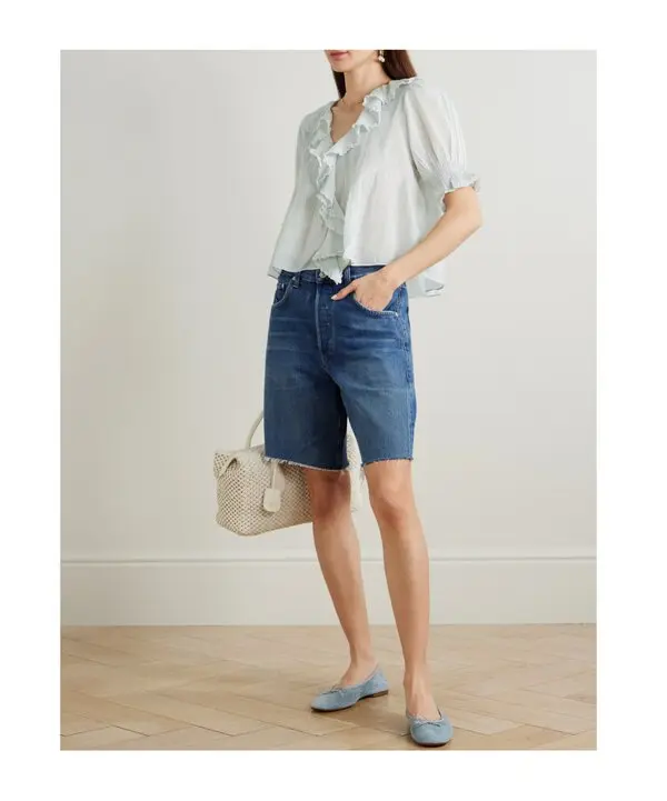 DÔEN Henri Ruffled Organic Cotton Tulle Blouse - Blue