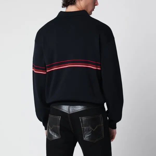 Versace Navy Cotton Knit Polo Shirt With Embroidered Logo