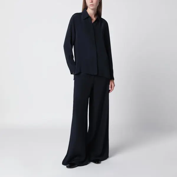 Max Mara Navy Silk Relaxed Wide Leg Trousers