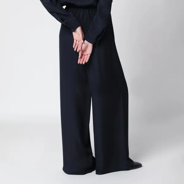 Max Mara Navy Silk Relaxed Wide Leg Trousers