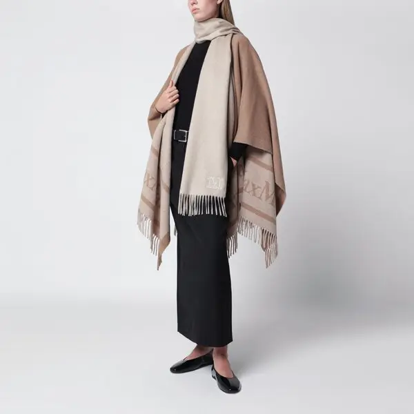 Max Mara Sand-colored Cashmere Scarf With Embroidered Logo - Beige