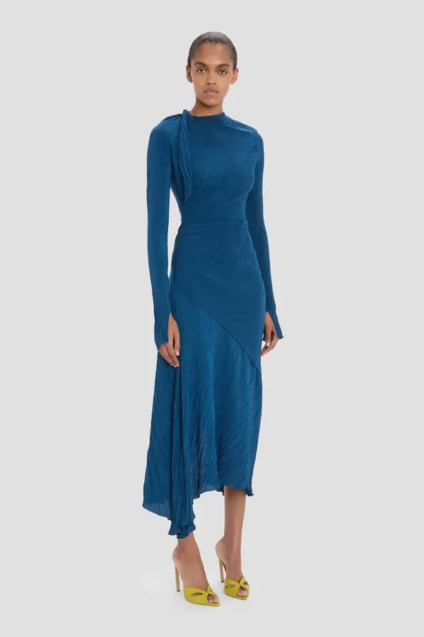 Victoria Beckham Long Sleeve Plissé Dress