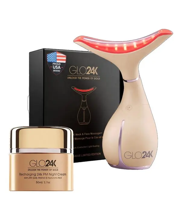 GLO24K 7 Color Led Neck And Face Beauty Device And 24k Recharging Pm Night Cream - Black