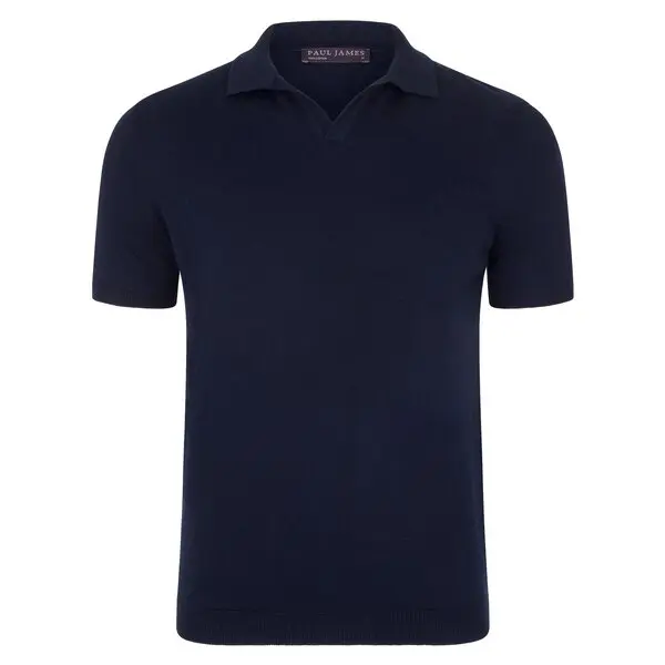 PAUL JAMES KNITWEAR Ultra Fine Cotton Nathann Buttonless Polo Shirt Navy - Blue