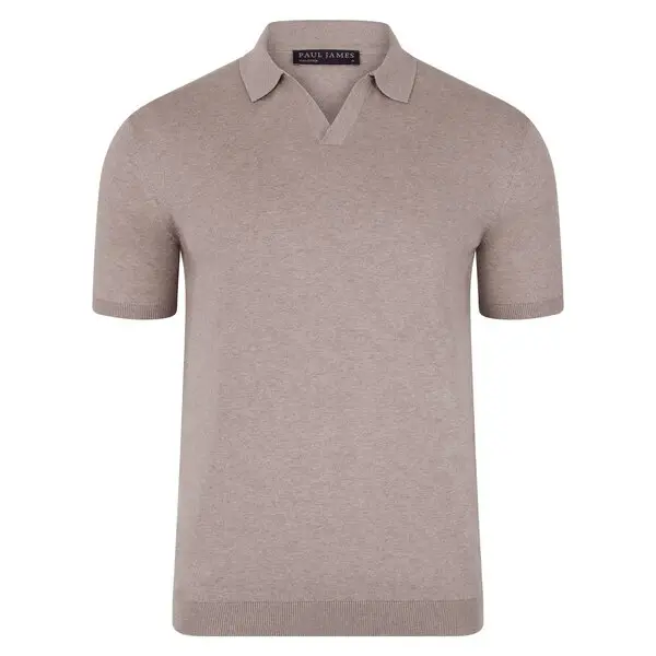 PAUL JAMES KNITWEAR Ultra Fine Cotton Nathann Buttonless Polo Shirt Fawn - Brown