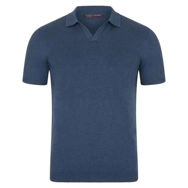 PAUL JAMES KNITWEAR Ultra Fine Cotton Nathann Buttonless Polo Shirt Melange - Blue
