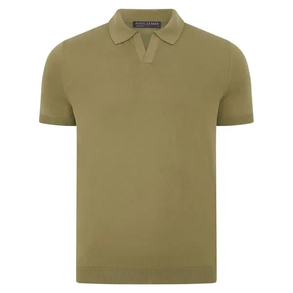 PAUL JAMES KNITWEAR Ultra Fine Cotton Nathan Buttonless Polo Shirt Light Olive - Green