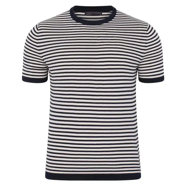 PAUL JAMES KNITWEAR Ultra Fine Cotton Antonio Knitted Narrow Breton Stripe T-shirt - Blue