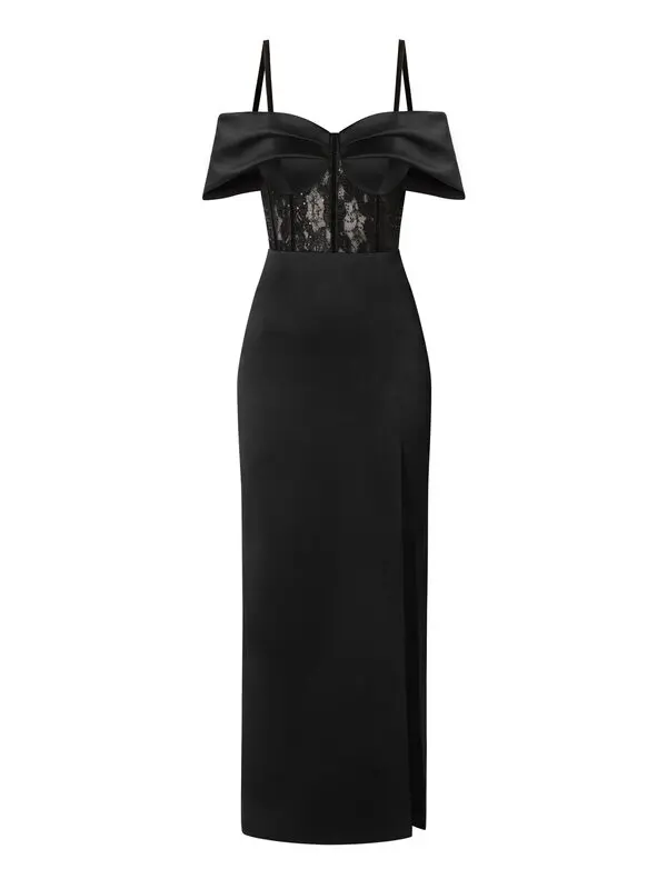 TIA DORRAINE Belle Of The Ball Satin Maxi Dress With Lace Corset - Black