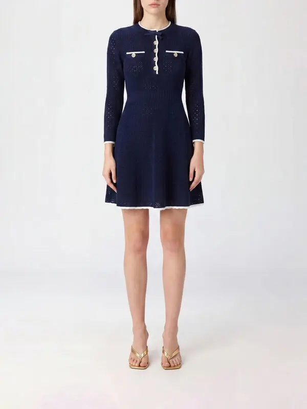 SELF-PORTRAIT Long-sleeved Viscose Knit Mini Dress With A Slim Fit - Blue
