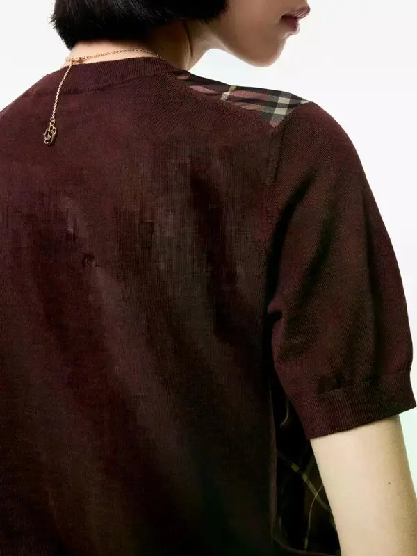 Burberry Check Panel Wool Silk T-shirt - Red