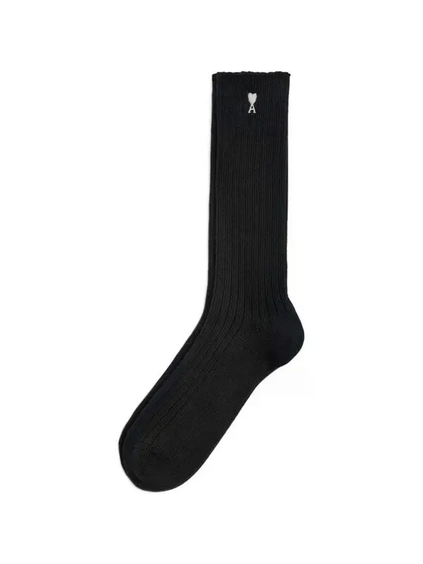 AMI Paris Cotton Socks With De Coeur Embroidery - Black