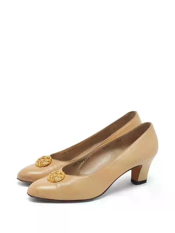 FERRAGAMO Beige Leather Gancini Plaque Pumps