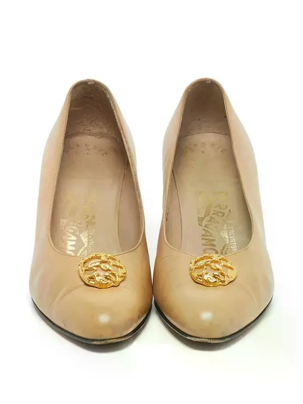 FERRAGAMO Beige Leather Gancini Plaque Pumps