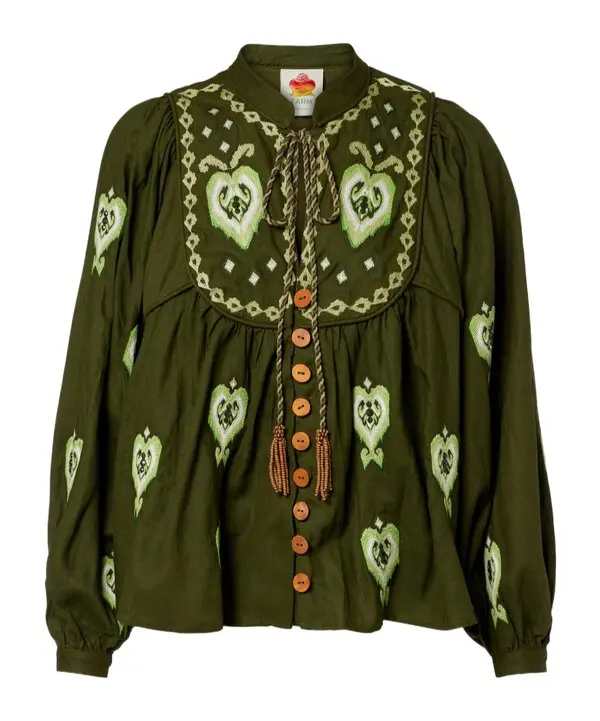 Farm Rio Embroidered Linen-blend Blouse