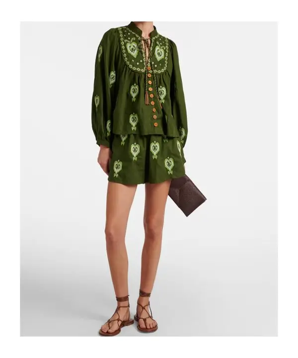 Farm Rio Embroidered Linen-blend Blouse