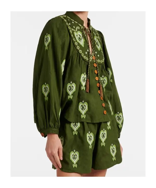 Farm Rio Embroidered Linen-blend Blouse
