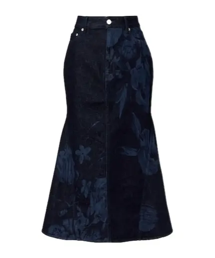 Erdem Floral Flared Denim Midi Skirt - Black