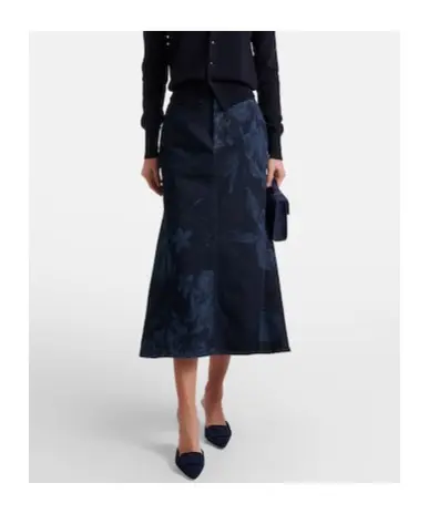 Erdem Floral Flared Denim Midi Skirt