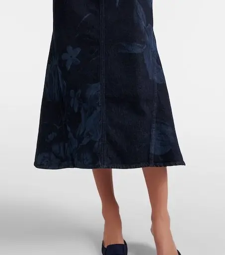 Erdem Floral Flared Denim Midi Skirt