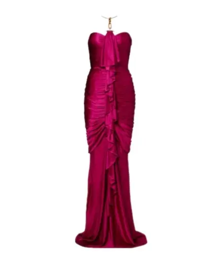 Balmain Draped Ruffled Satin Bustier Gown - Red