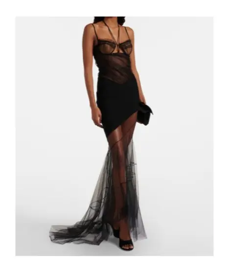 NENSI DOJAKA Asymmetric Draped Sheer Maxi Dress