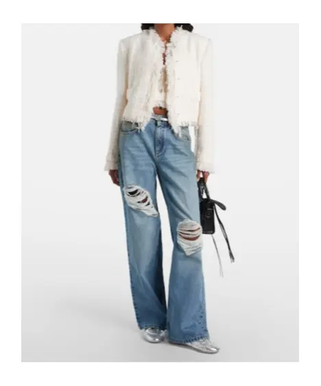 AREA Distressed Embellished Wide-leg Jeans