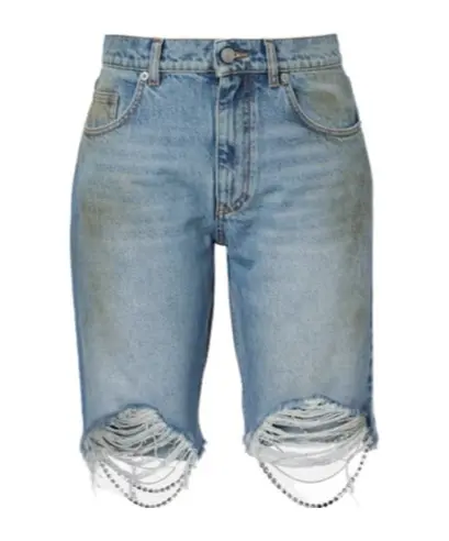 AREA Distressed Embellished Denim Shorts