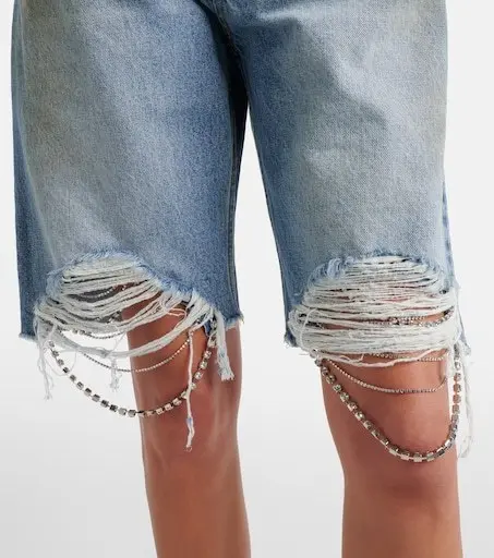 AREA Distressed Embellished Denim Shorts