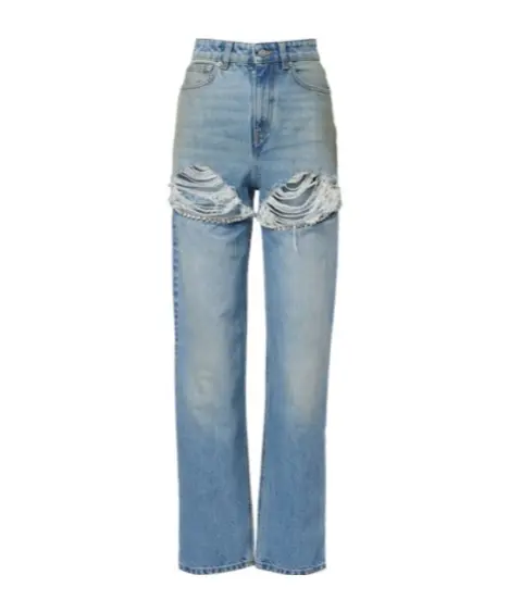 AREA Distressed Embellished Wide-leg Jeans