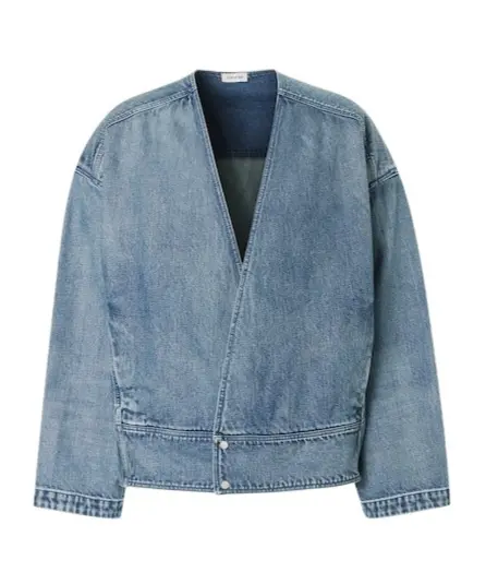 Fear Of God Distressed V-neck Denim Jacket - Blue