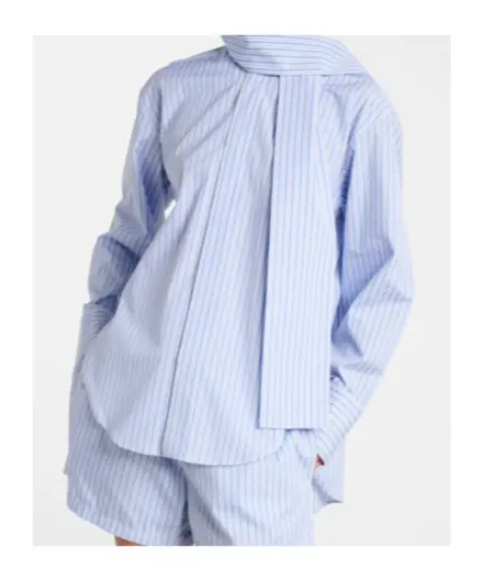 Plan C Scarf-detail Striped Cotton Shirt