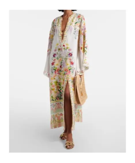 Camilla Cutout Floral Linen Kaftan