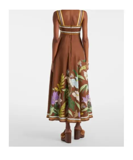 ALEMAIS Alfie Floral Linen Midi Dress - Brown