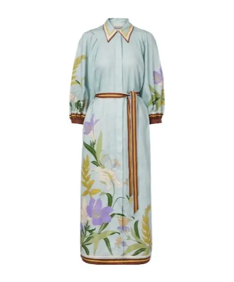 ALEMAIS Belted Floral Linen Shirt Dress - Green