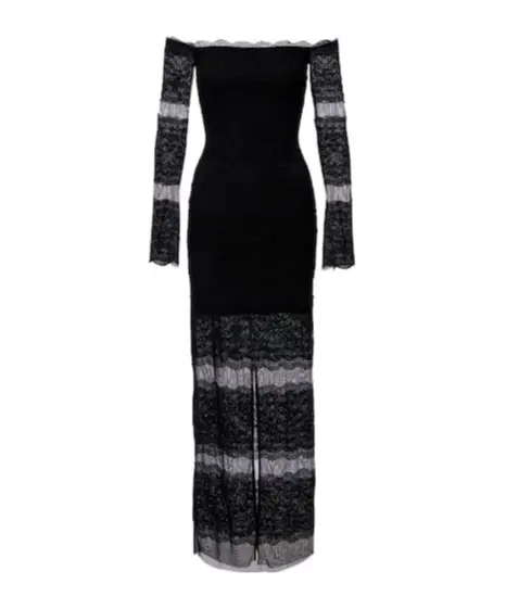 Blumarine Off-shoulder Lace Tulle Maxi Dress - Black